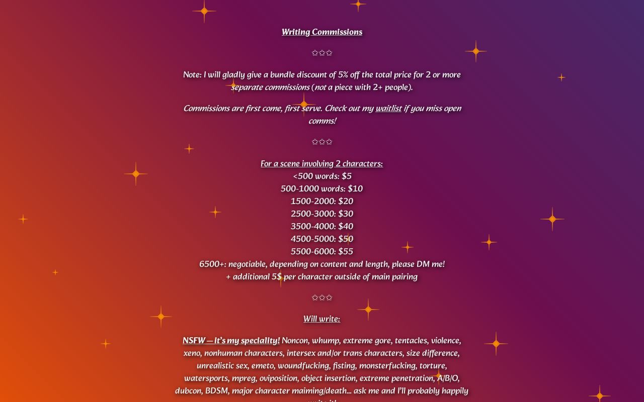 Writing Commissions Pricing & Will/Won't's